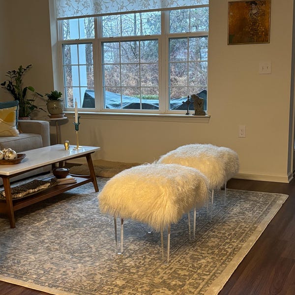 Mongolian Lamb Stool Mid Century Wood Legs New Tibet Lamb Fur Sheepskin ...