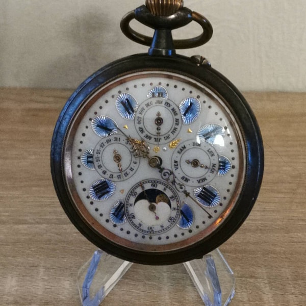 Giant Size Rare Blue Enamel Dial Moon Phase Calendar Pocket Watch 1890 ...
