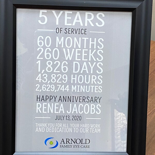5 Year Work Anniversary Print, Employee Gift, 5 Years of Service ...