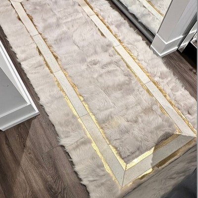 Plush Area Black White Gold Soft Rug, Faux Leather Rug, Living Room ...