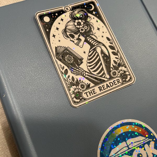 The Reader Tarot Card Skeleton Sticker, Kindle Bookish Sticker, Book ...
