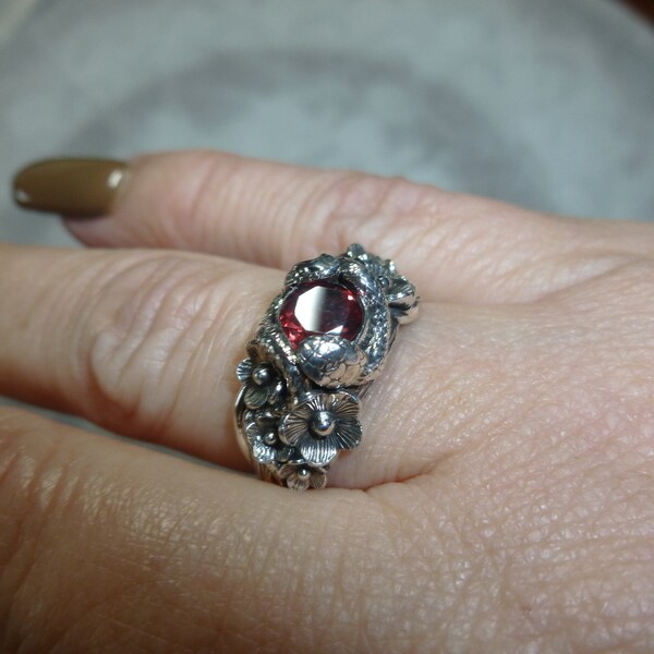 Garnet Snake and Flower Ring, Nature Inspired Ring, Magical Garden Ring ...