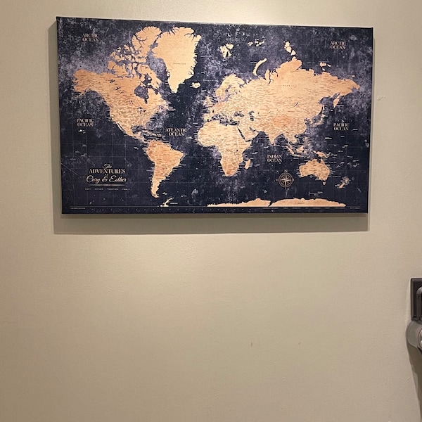 Gold & Navy Textured World Push Pin Map on Premium Canvas With ...