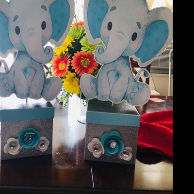 Peanut Elephant Centrepiece for Baby Boy Shower in Light Blue & Gray ...