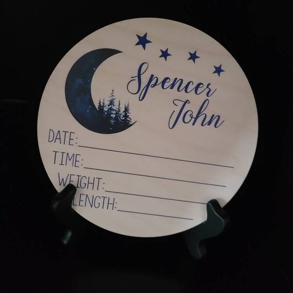 Birth Stat Sign, Round Wood Birth Stat Sign, Moon and Stars Nursery ...