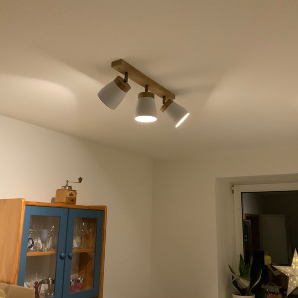 Triple Spotlight Strip Made of Solid Oak Wood With Ceramic Shade, GU 10 ...