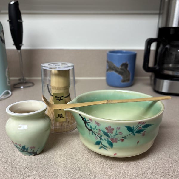 Green Ceramic Matcha Bowl Set With Spout Bamboo Whisk and Chasen Holder ...