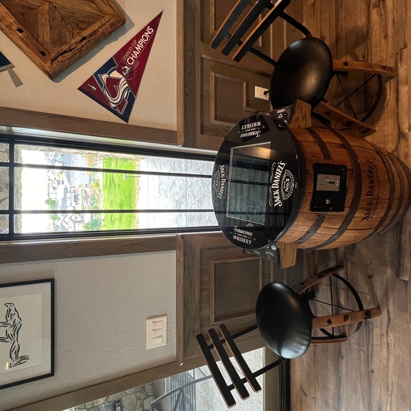 Whiskey Barrel Stave Bar Stools With Cushioned Swivel Seats and Backs ...