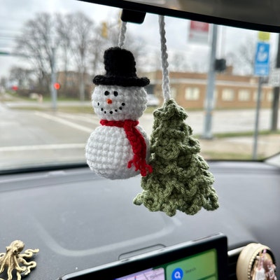 Crochet Christmas Tree and Snowman Car Charm Car Hanging Rearview ...