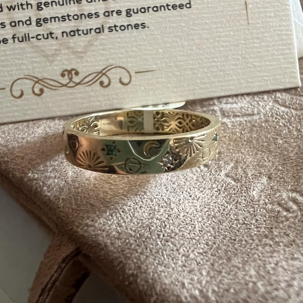 Celestial Ring, Natural Emerald Accents, Solid Gold Flat Band Ring ...