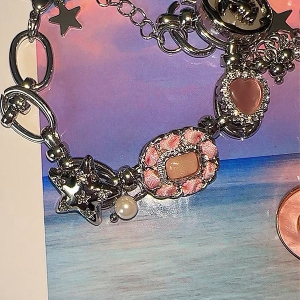 Y2K Button Bead Bracelet,pink Charm Bracelet Sliver Chain, Grunge ...