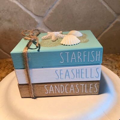 Beach Mini Book Stack, Summer Coffee Bar, Beach Decor, Farmhouse Tiered ...