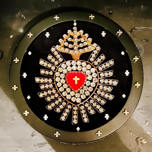 Sacred Heart, Red Center With Rustic Crystals, Catholic Heart, Exvoto ...