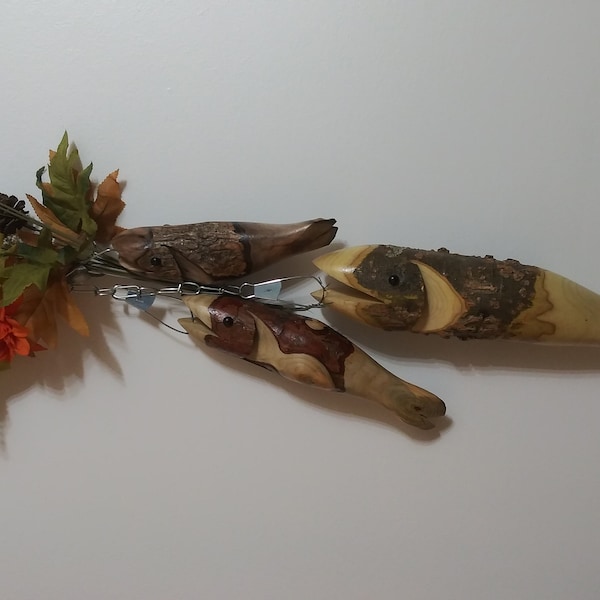 Wooden Fish on a Stringer, Set of 3, Hand Made Finished Fish, Fisherman ...