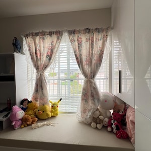 Pink and White Floral Printed Cotton Curtain, Ruffle Princess Coquette ...