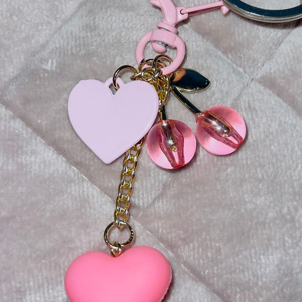 Pink Cherry Keyring With Heart Clasp, Cute Heart Keychain, Keychain ...