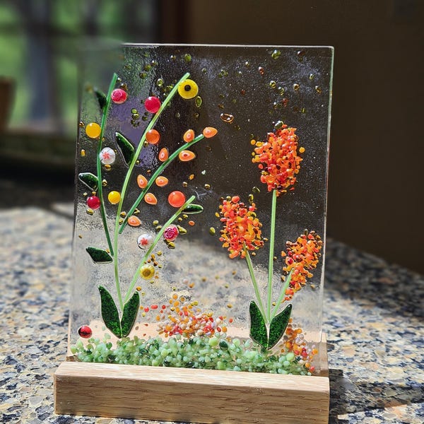Fused Glass Orange Cottage Garden With Wooden Stand, Fused Glass Nature ...