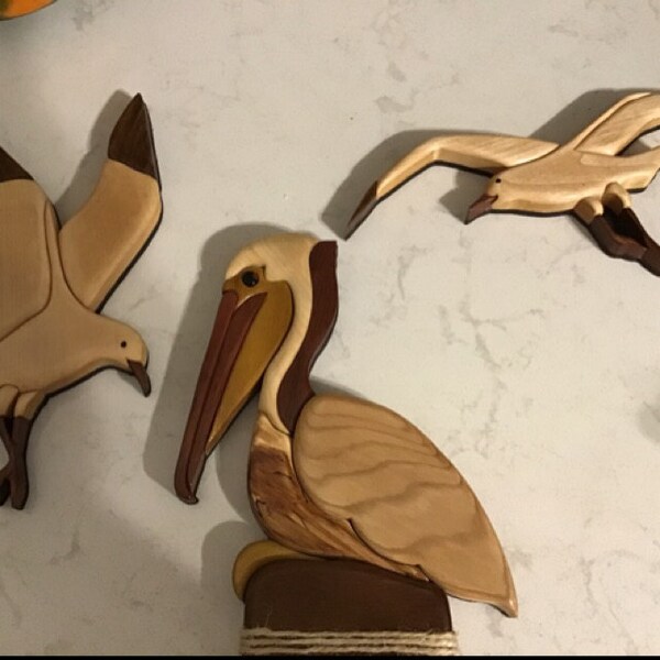Handmade Intarsia Wood Art, Pelican and Seagulls Wall Decor - Etsy