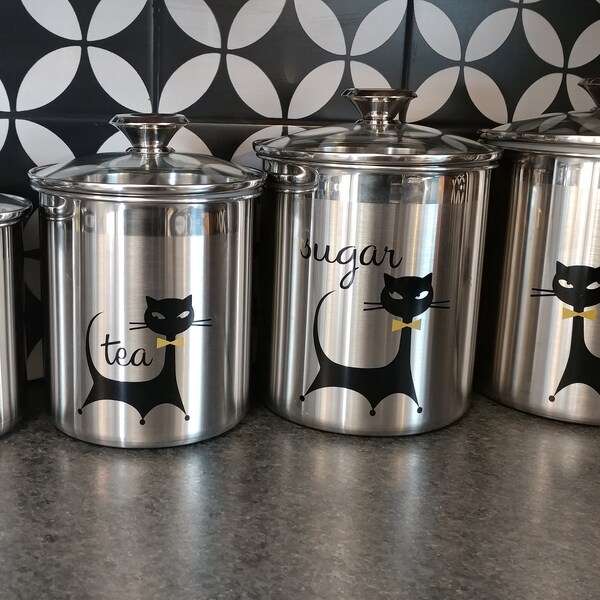 Vinyl DECALS Atomic Kitty Cat Kitchen Canister Custom Vintage Retro Mid ...