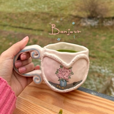 Aesthetic Hand Painted Flower Mug, Handmade Ceramic Floral Design Tea ...