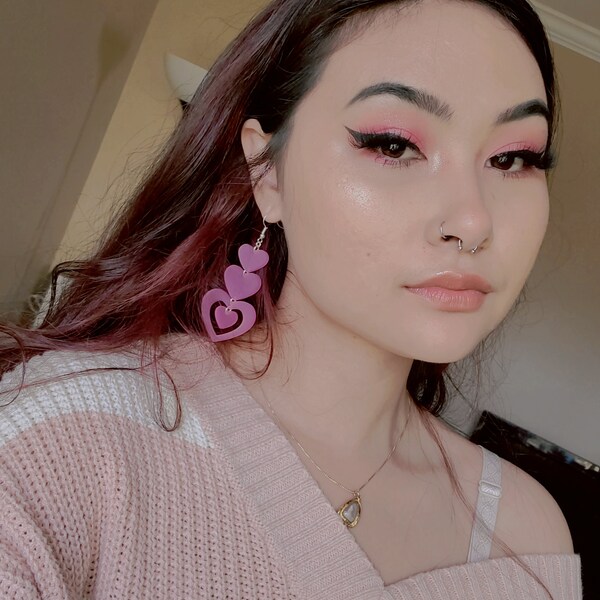 Frosted Pink Nesting Hearts Acrylic Earrings, Laser Cut Heart Statement ...