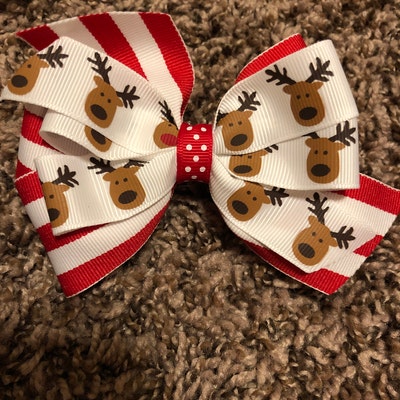 Red Striped Christmas Bow Reindeer Hair Bow Red and White Reindeer Bow ...