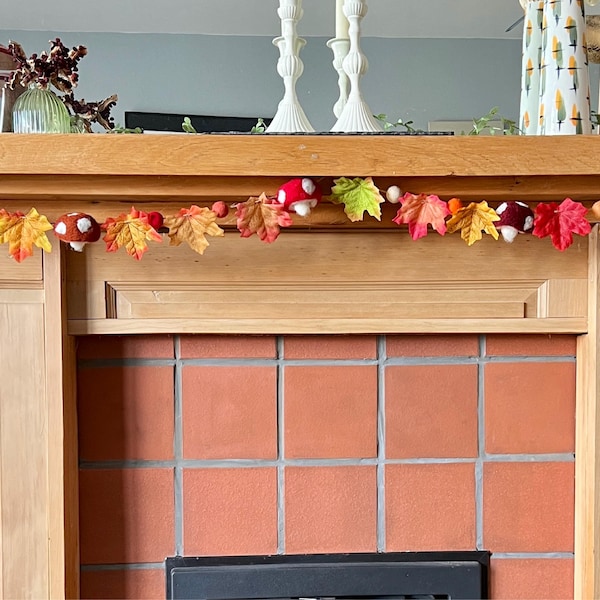 Autumn Garland of Fall Leaves Toadstool Mushrooms Pumpkins & Felt Balls ...