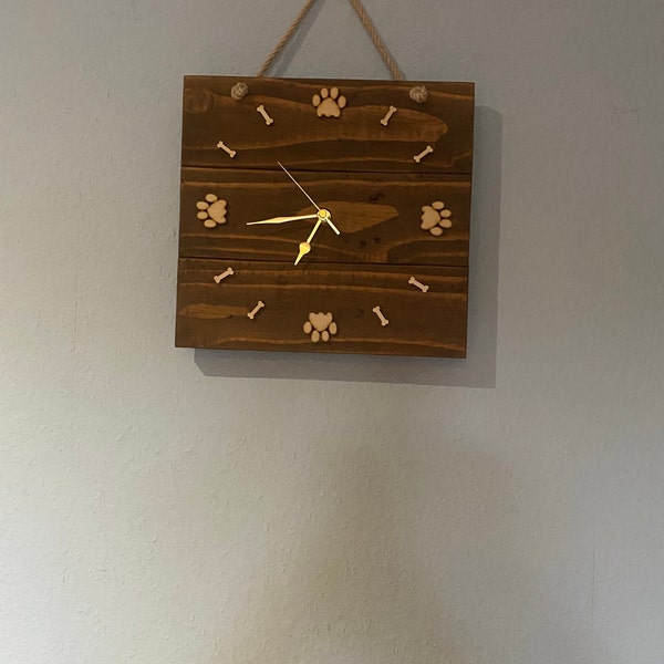 Reclaimed Pallet Wood Dog Clock - Paw Prints and Bones With Optional ...
