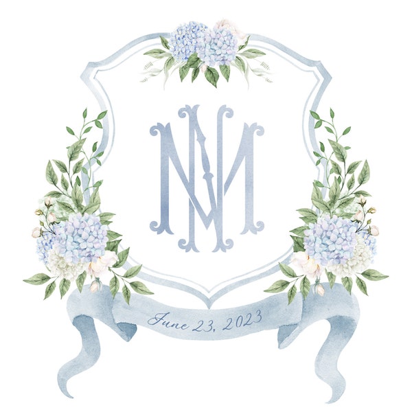 Blue and White Hydrangea Wedding Crest Monogram | Watercolor Dog Crest ...
