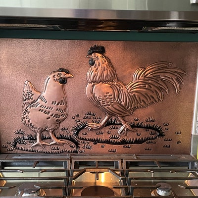 Farmhouse Kitchen Backsplash of a Rooster and Chicken Copper Decor ...