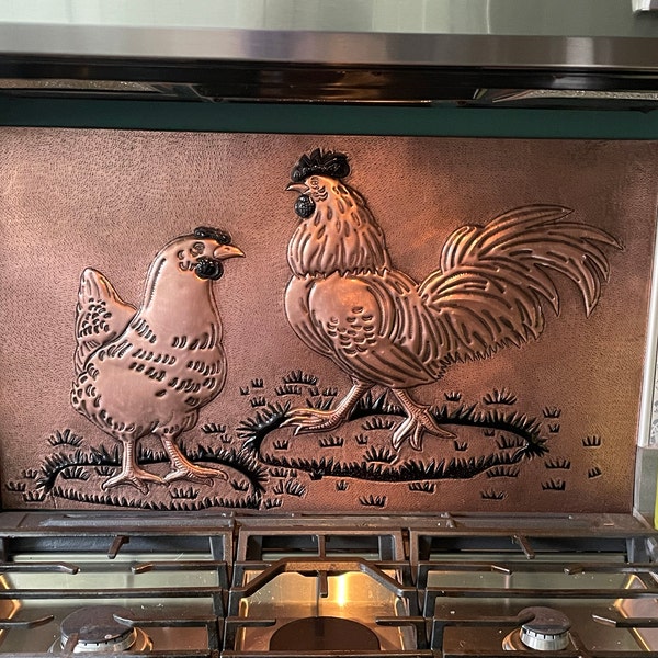 Farmhouse Kitchen Backsplash of a Rooster and Chicken Copper Decor ...