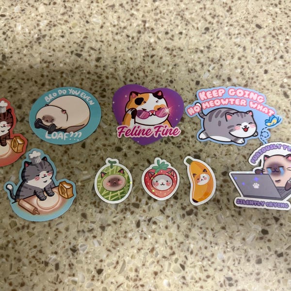 Cute Cat Sticker | Funny Fat Cat | Cat Eating Ramen Noodles Sticker ...