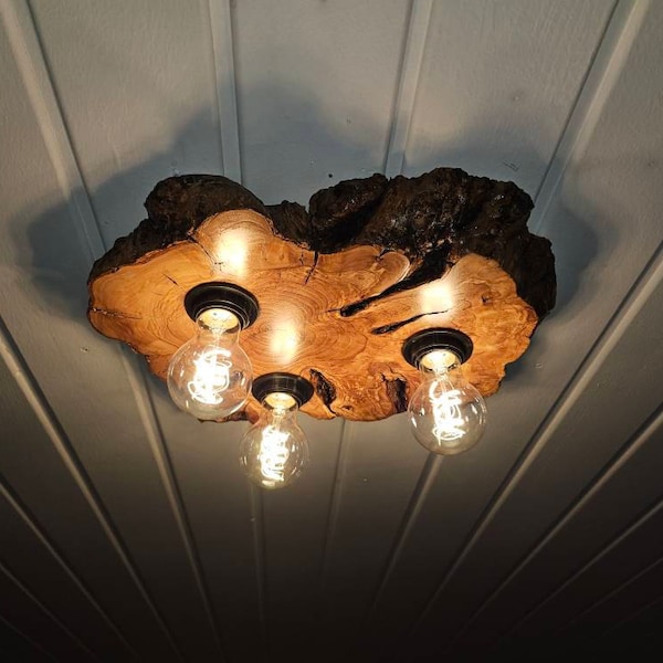 Olive Wood Rustic Light Fixture, Farmhouse Wooden Live Edge Chandelier for Dinign Room, Unique ...