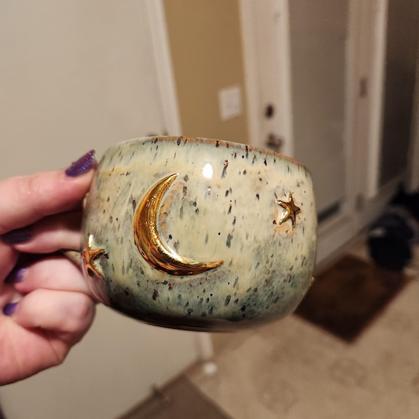 Celestial Mug: Handmade Pottery Coffee Cup With Gold Moon & Stars - Etsy