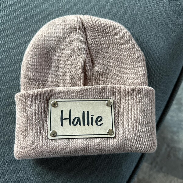 Personalized Baby Hat With Name, Custom Infant Beanie, Leather Patch ...