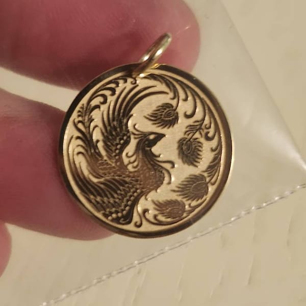 14K Solid Gold Phoenix Necklace, Gold Coin Mythology Bird Pendant ...