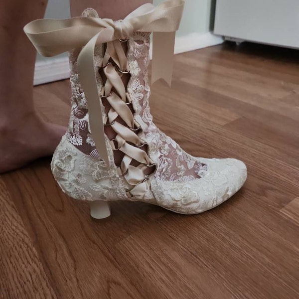 Ivory Lace Wedding Boots: Victorian Bridal Ankle Boots With Ribbon - Etsy