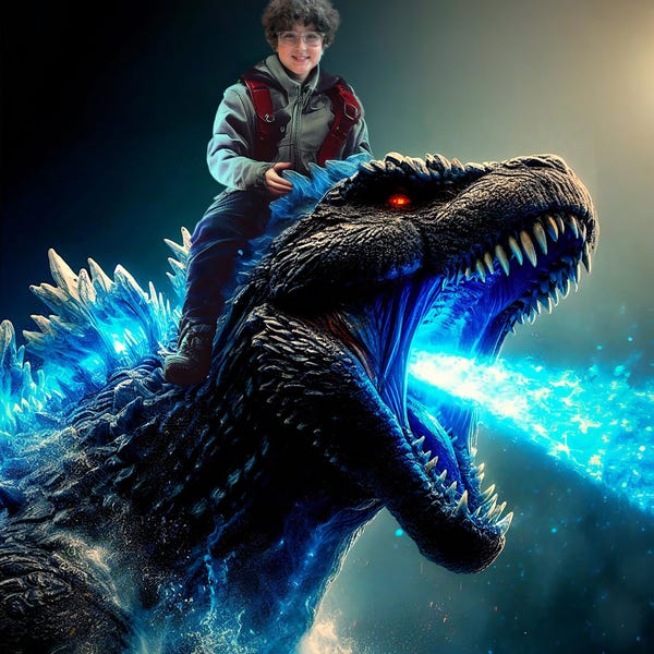Kid Rides Godzilla, Godzilla Art, Custom Portrait From Photo, Godzilla Gift, Gift for Kids, Gift ...