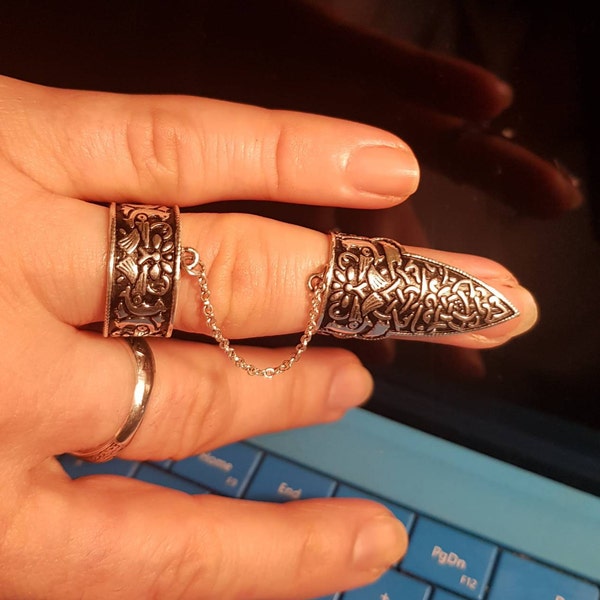 Armenian Double Ring With Chain Full Finger Traditional Taraz SILVER ...
