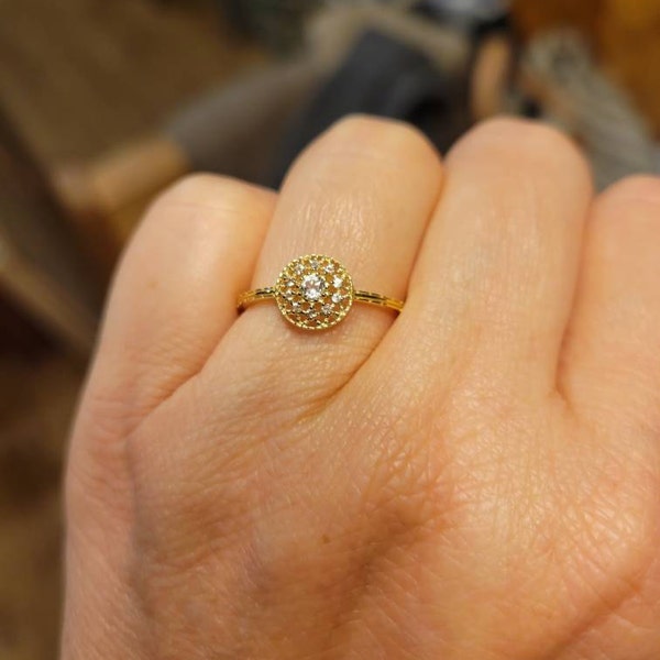 Vintage Diamond Engagement Ring, Sun Ring Gold, Dainty Bridal Ring ...
