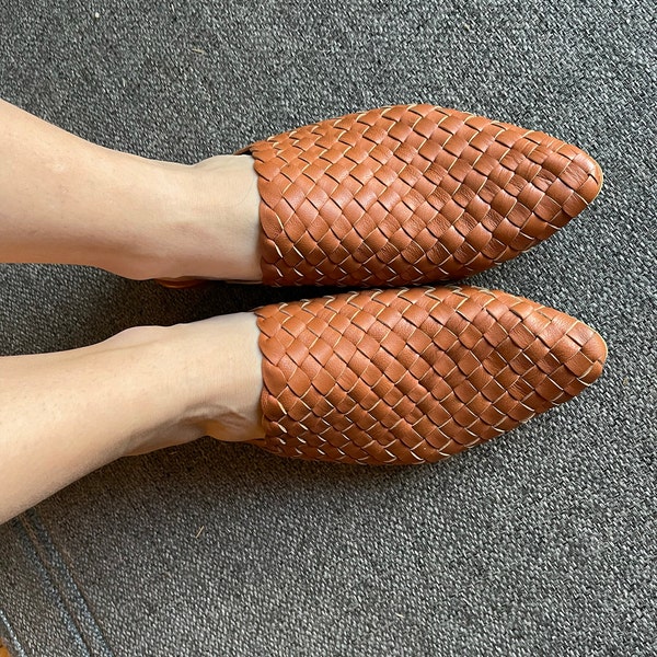 Vania Handwoven Goatskin Leather Mules, Handmade Goatskin Leather Mules ...