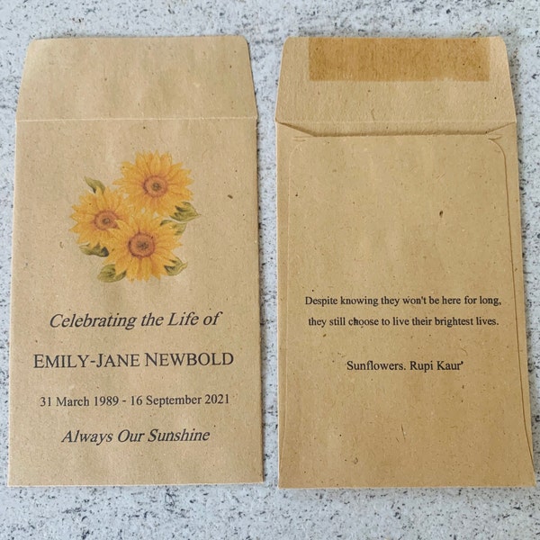 Funeral Favour Personalised Seed Packets Memorial,sunflower (with Seeds ...