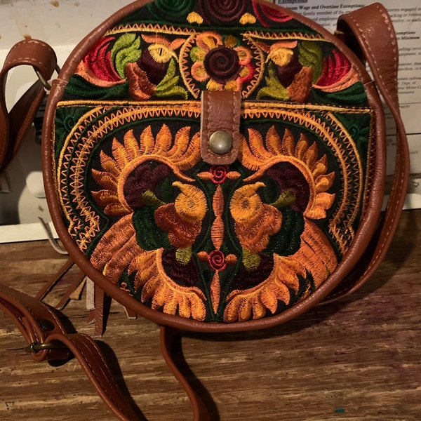 Yellow Bird Pattern Leather Round Crossbody Bag for Women, Unique Hmong ...