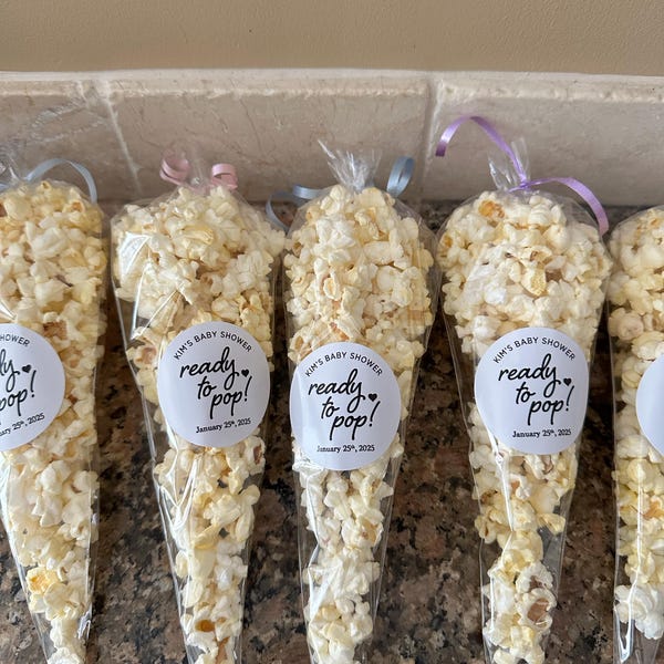 Popcorn Favor Labels + Bags | Baby Shower Favours | Ready to Pop ...