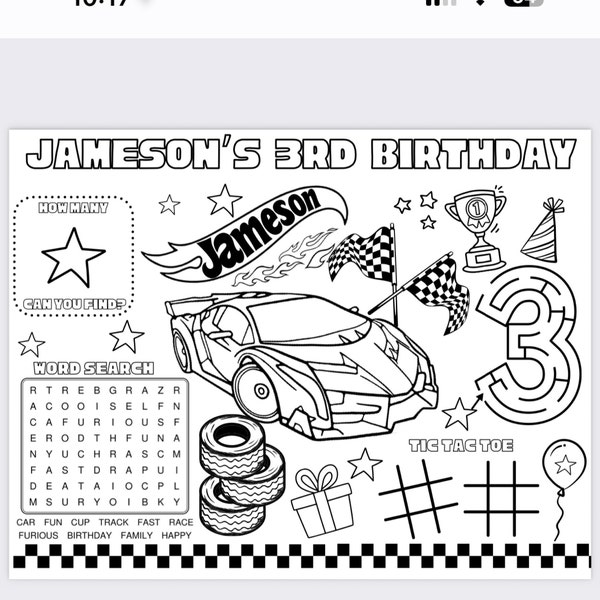 Party Favor | Classic Wheels Activity Sheet | Hot Cars Party Placemat ...