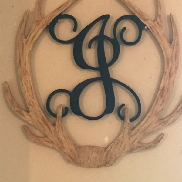 Wooden Antler Monogram Door Hanger - Unpainted Initial With Connected Antler Frame - Vine Script ...