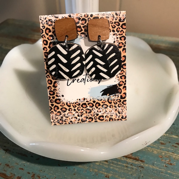 Mini Leather Backed Cork Earrings, Leather and Wood Earrings, Black and ...