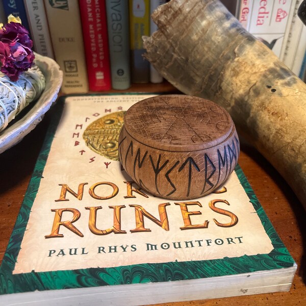 Hand Turned Alder Wood Box of 24 Dark Wood Runes Round Small Rune Set ...
