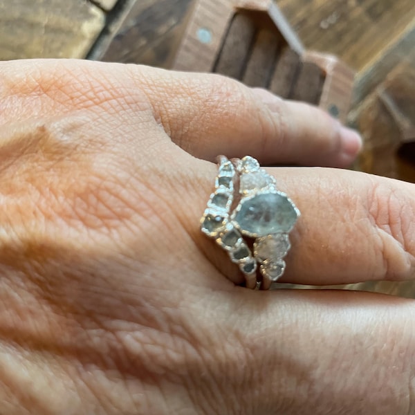 SET or SINGLE // Rustic Raw Aquamarine and Diamond Wedding Ring. Set ...
