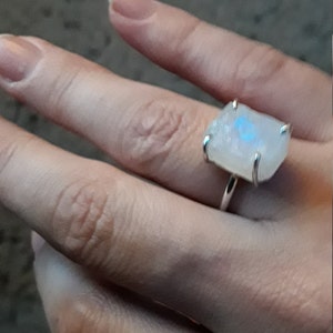 Raw Moonstone RHODIUM PLATED Ring , Raw Crystal Ring, Rainbow Moonstone ...